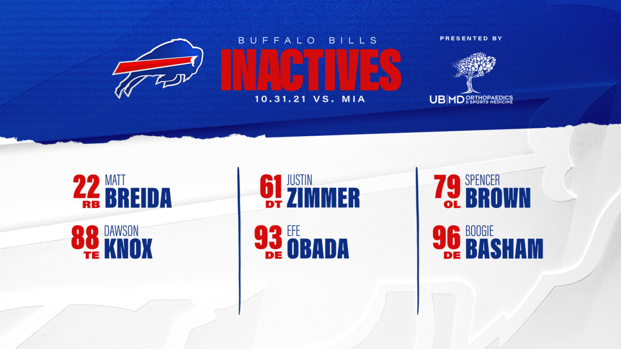Spencer Brown, Justin Zimmer inactive for Bills vs. Dolphins | Week 8