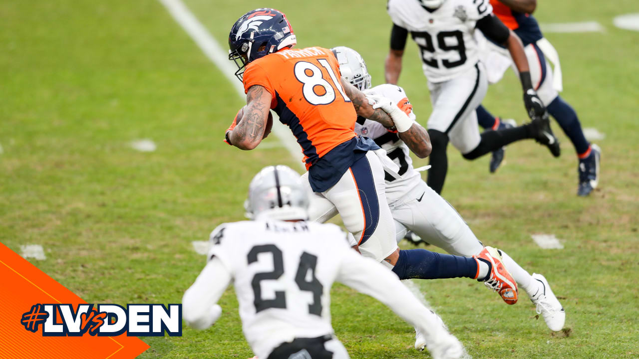 #LVvsDEN: Tim Patrick stiff-arms Raiders DB on 29-yard catch-and-run