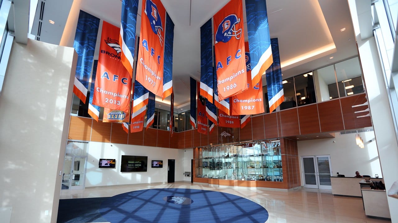 Finished front lobby: Trophy case and banner photos