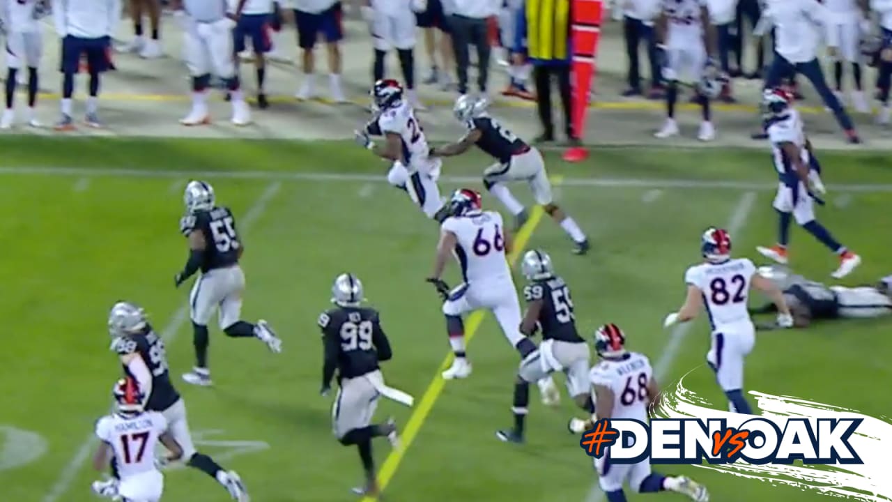 #DENvsOAK: Royce Freeman powers through Raiders defenders on 27-yard run