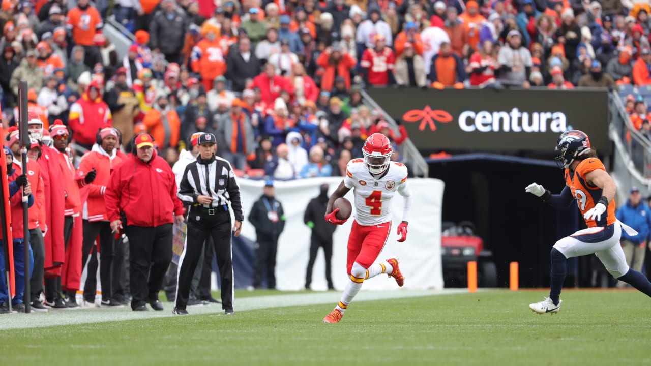 Kansas City Chiefs wide receiver Rashee Rice races down the sideline ...
