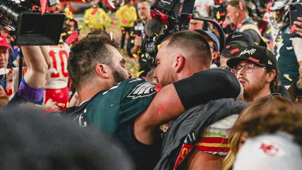 Brothers Jason & Travis Kelce Embrace after Super Bowl LVII | Chiefs vs. Eagles
