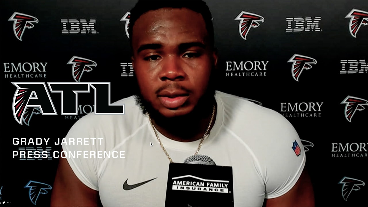 Grady Jarrett speaks to the media during offseason workouts