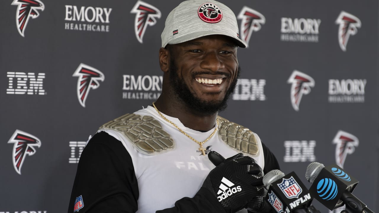 Deion Jones speaks to the media after day six of AT&T Training Camp