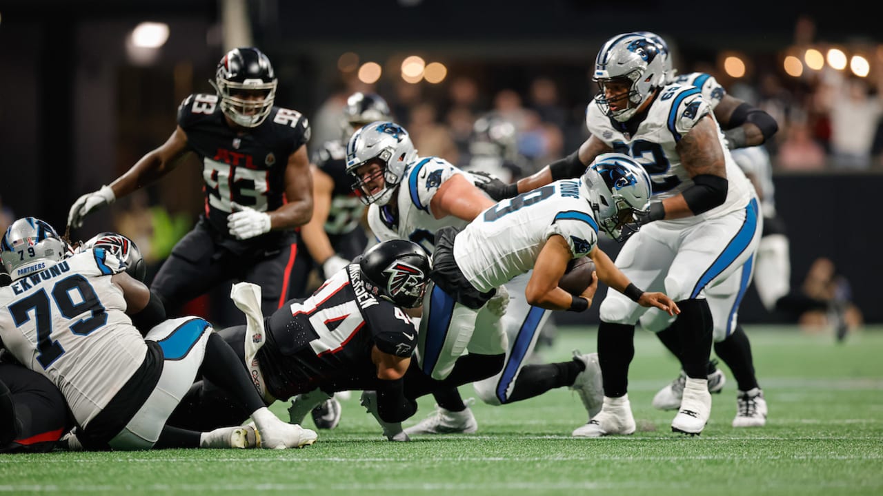 Falcons defense swarms Bryce Young as Troy Andersen drags him down for sack