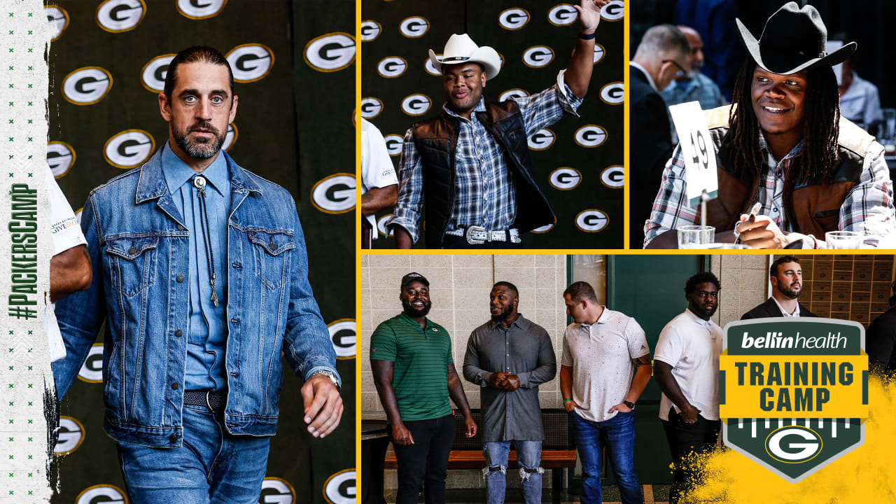 Aaron Rodgers sports Canadian tuxedo at Welcome Back Packers Luncheon