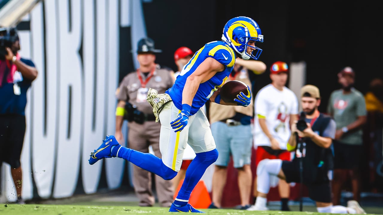 Los Angeles Rams quarterback Matthew Stafford hits wide receiver Cooper Kupp on a 34-yard deep ...