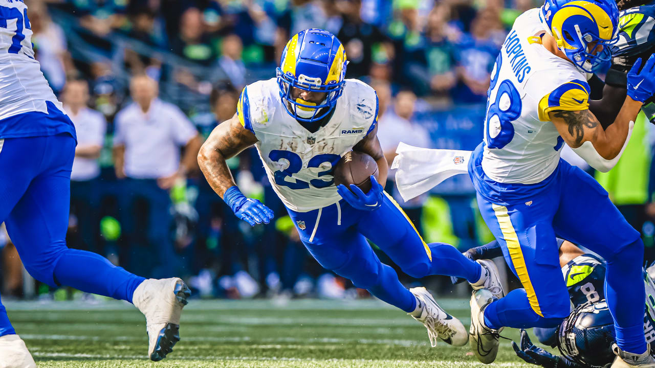 Los Angeles Rams running back Kyren Williams slips inside for his second touchdown of the day ...