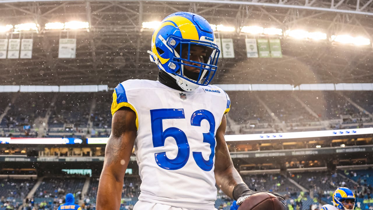 Los Angeles Rams linebacker Ernest Jones tackles wide receiver Tyler ...