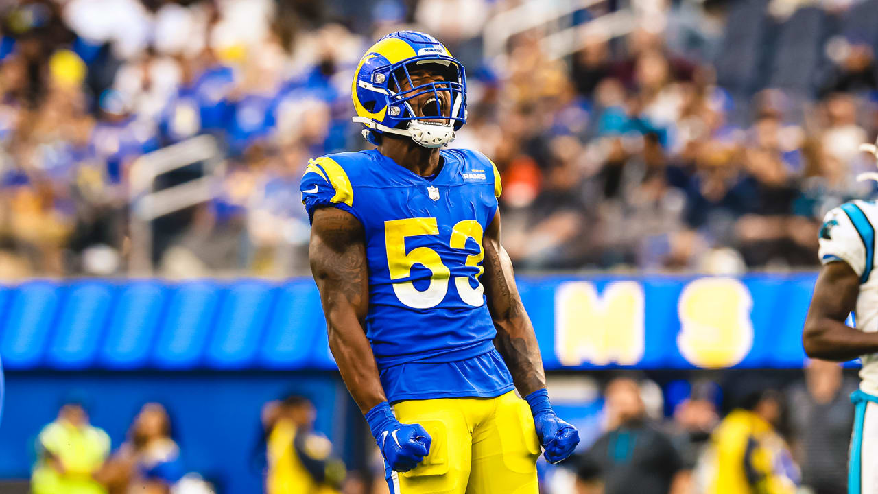 Los Angeles Rams linebacker Ernest Jones stops Panthers running back ...