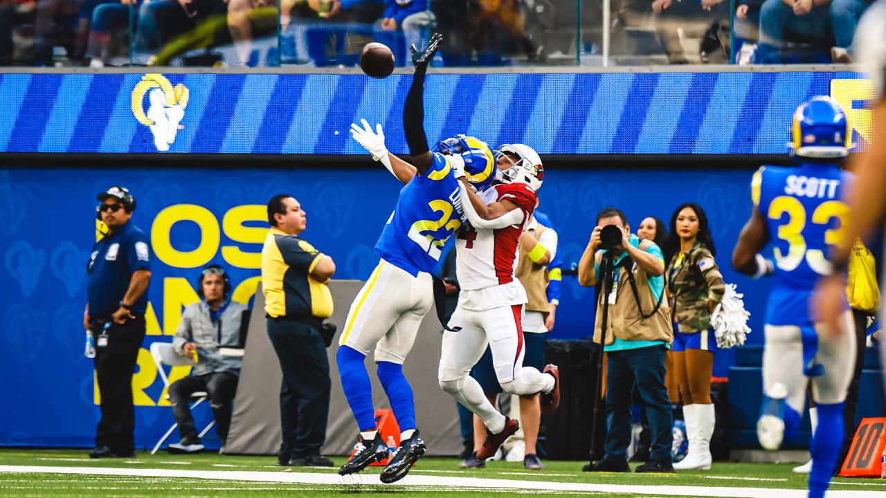 Los Angeles Rams defensive back David Long Jr. breaks up deep pass by ...