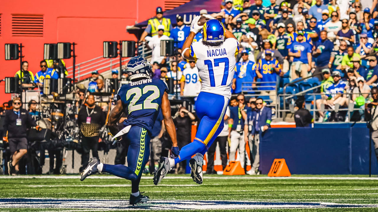 Los Angeles Rams wide receiver Puka Nacua connects with quarterback ...