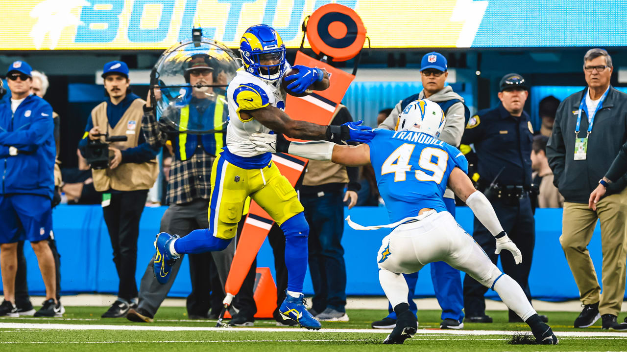 Los Angeles Rams running back Cam Akers shakes a Chargers defender ...