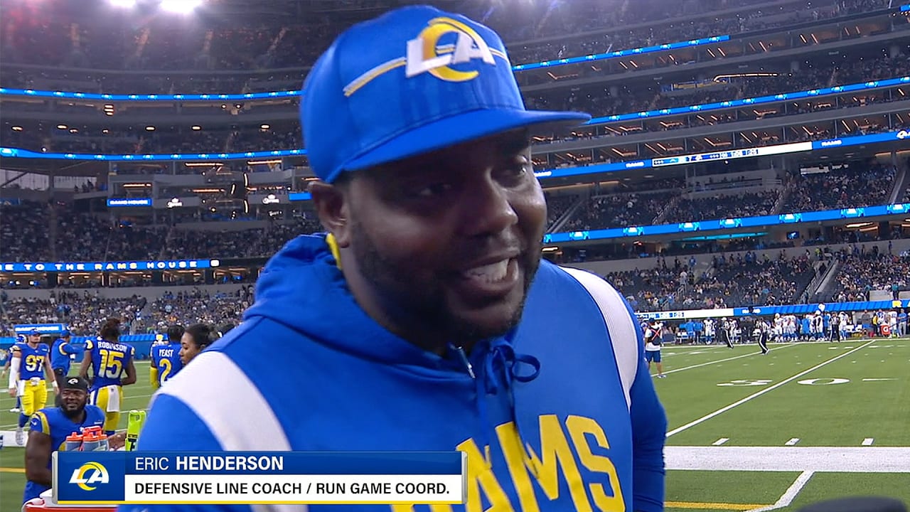 Los Angeles Rams defensive line coach Eric Henderson reacts to young ...