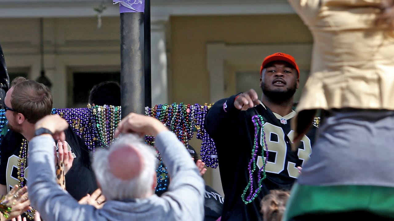 Saints players ride in the Tucks parade during Mardi Gras 2020