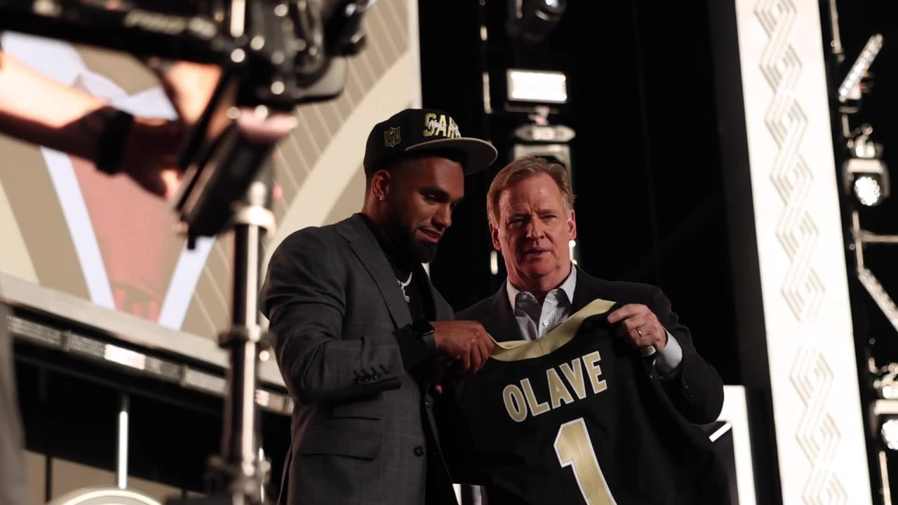 Back stage for Saints 2022 draft pick Chris Olave's selection