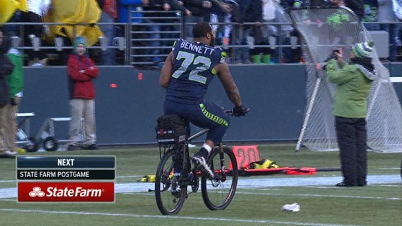 Seattle Seahawks defensive end Michael Bennett bikes after the win Seattle Seahawks defensive end Michael Bennett bikes after the win