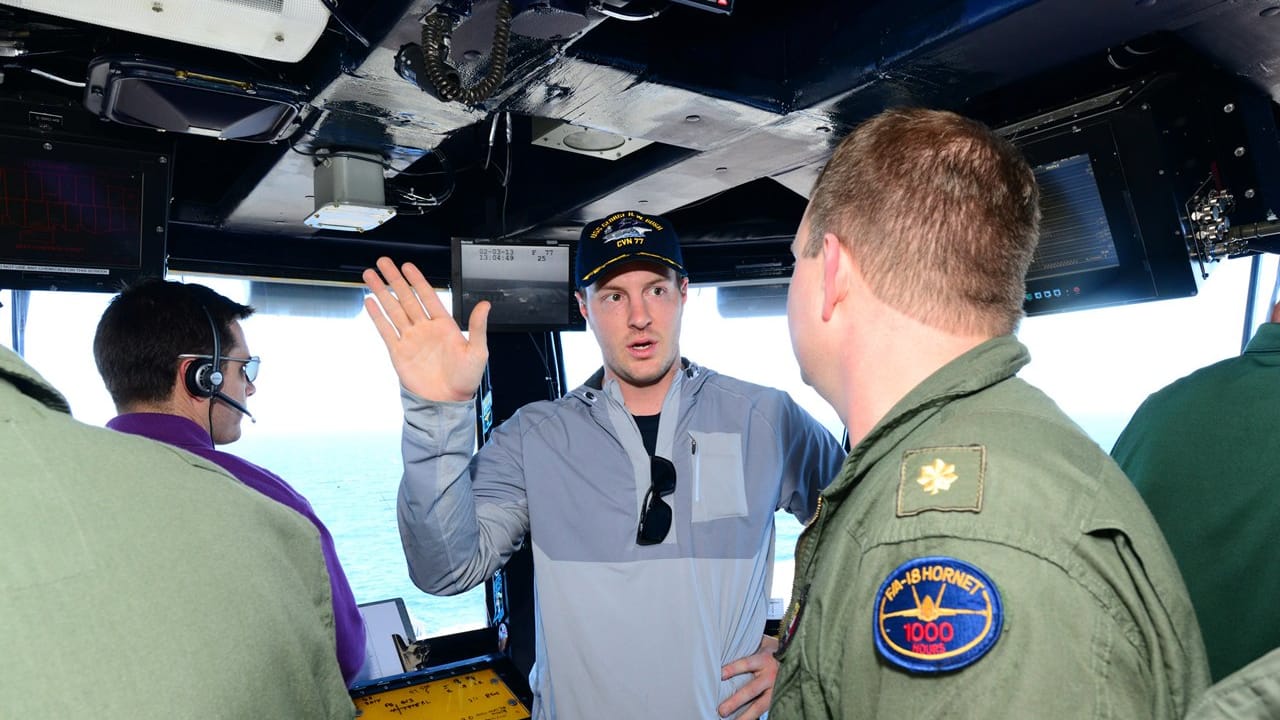 T.J. Yates visits aircraft carrier
