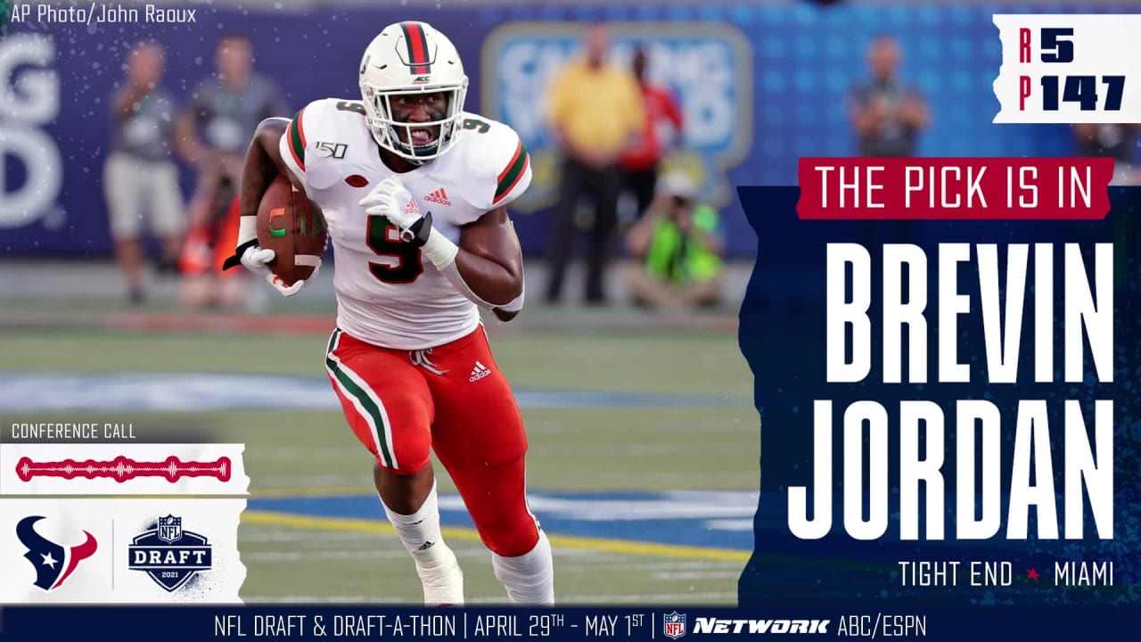 Houston Texans 2021 NFL Draft pick Brevin Jordan meets with the media.