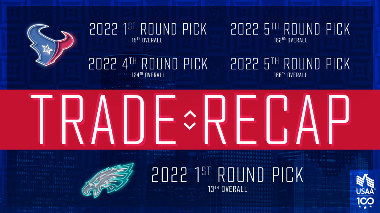 The Houston Texans traded Round 1 Pick 13 to the Philadelphia Eagles.