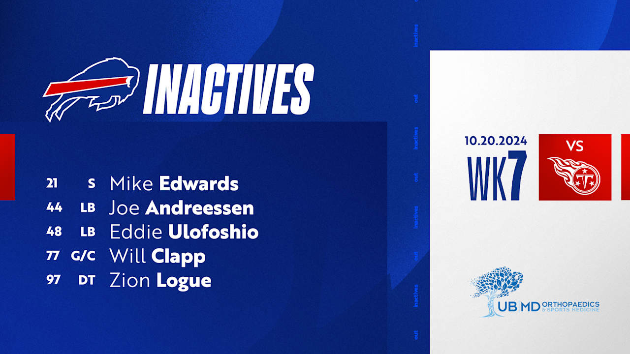 Bills list five players as inactive for Week 7 vs. Titans