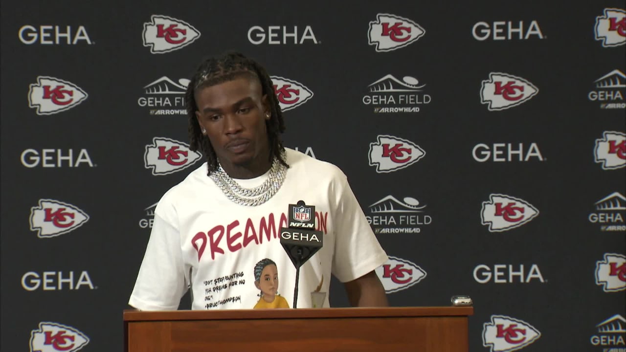 Wide receiver Rashee Rice speaks to the media following the Kansas City ...