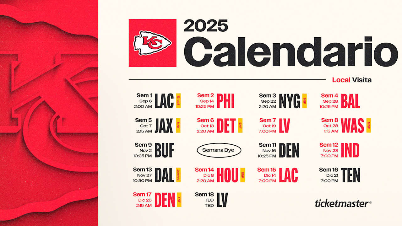 Calendario 2025, presentado por Ticketmaster; Kansas City Chiefs ...