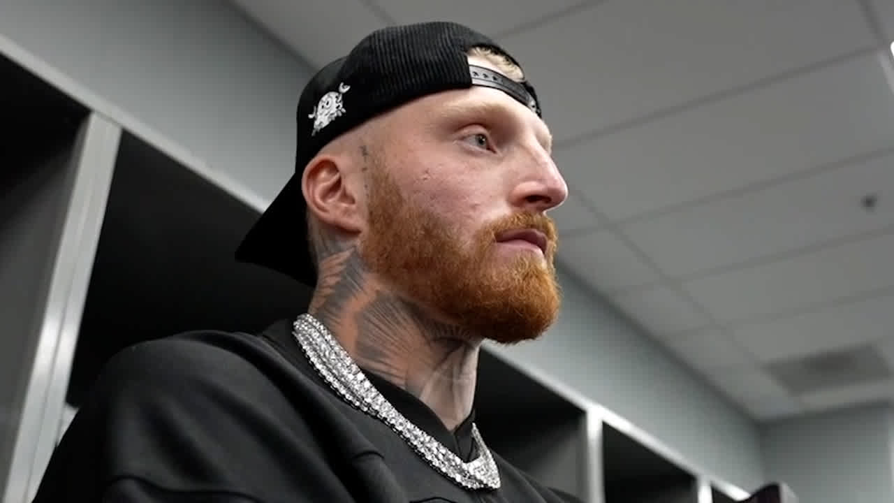 Ashton Jeanty and Maxx Crosby talk to the media in the locker room ...