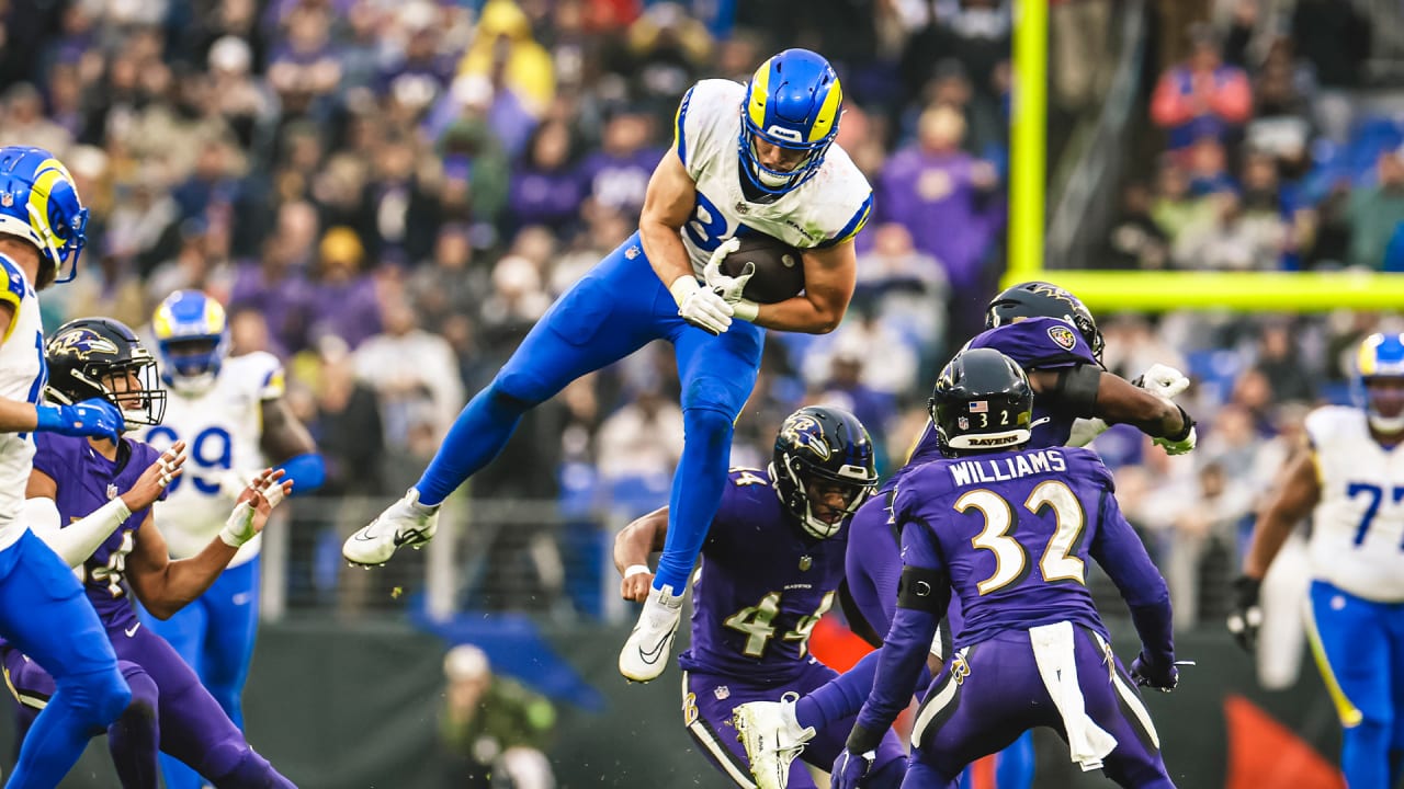 Los Angeles Rams tight end Davis Allen's big hurdle caps an 18-yard ...