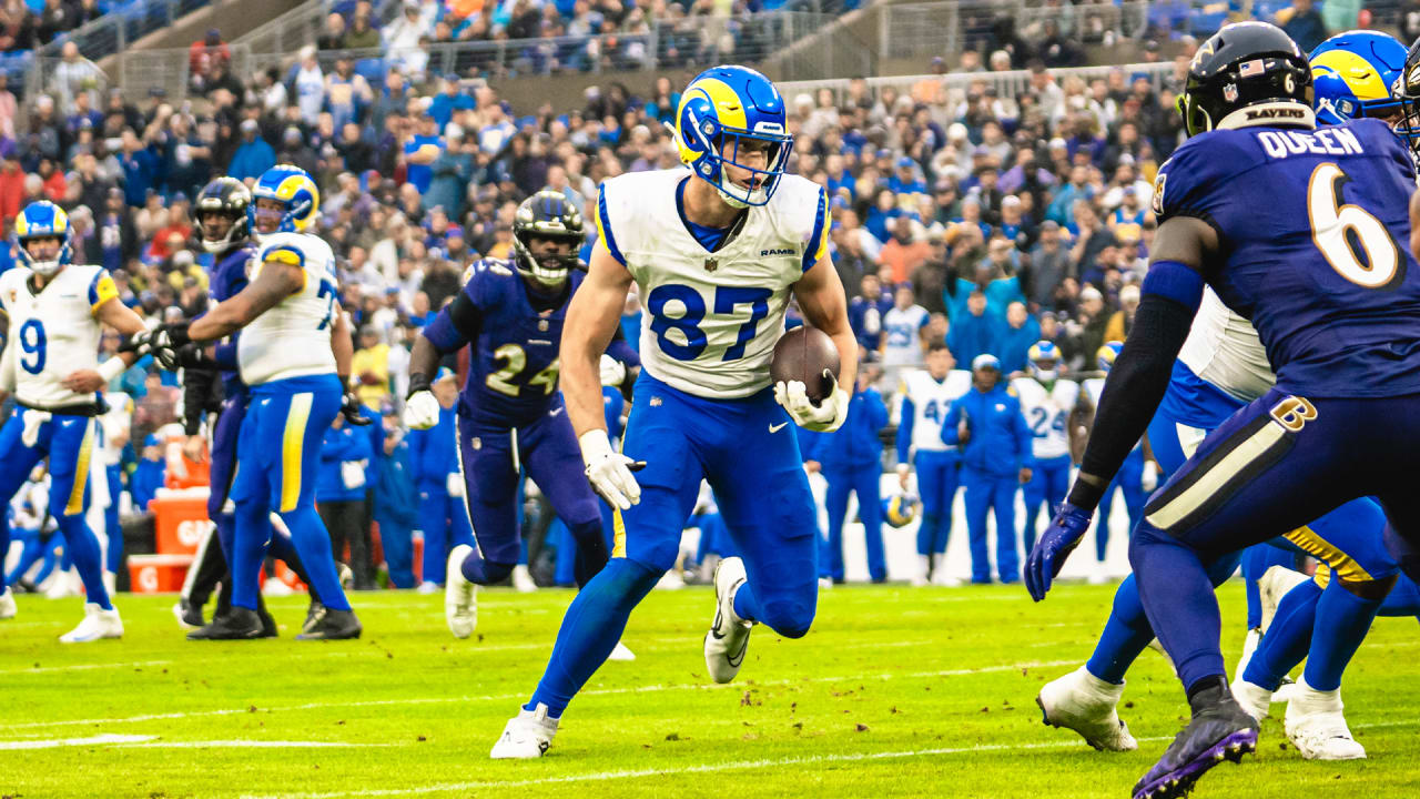Los Angeles Rams tight end Davis Allen fights his way into the end zone ...
