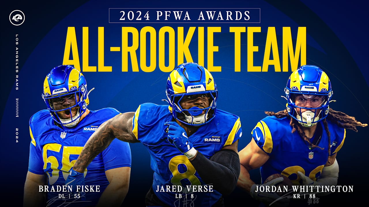 Rams outside linebacker Jared Verse, defensive end Braden Fiske and ...