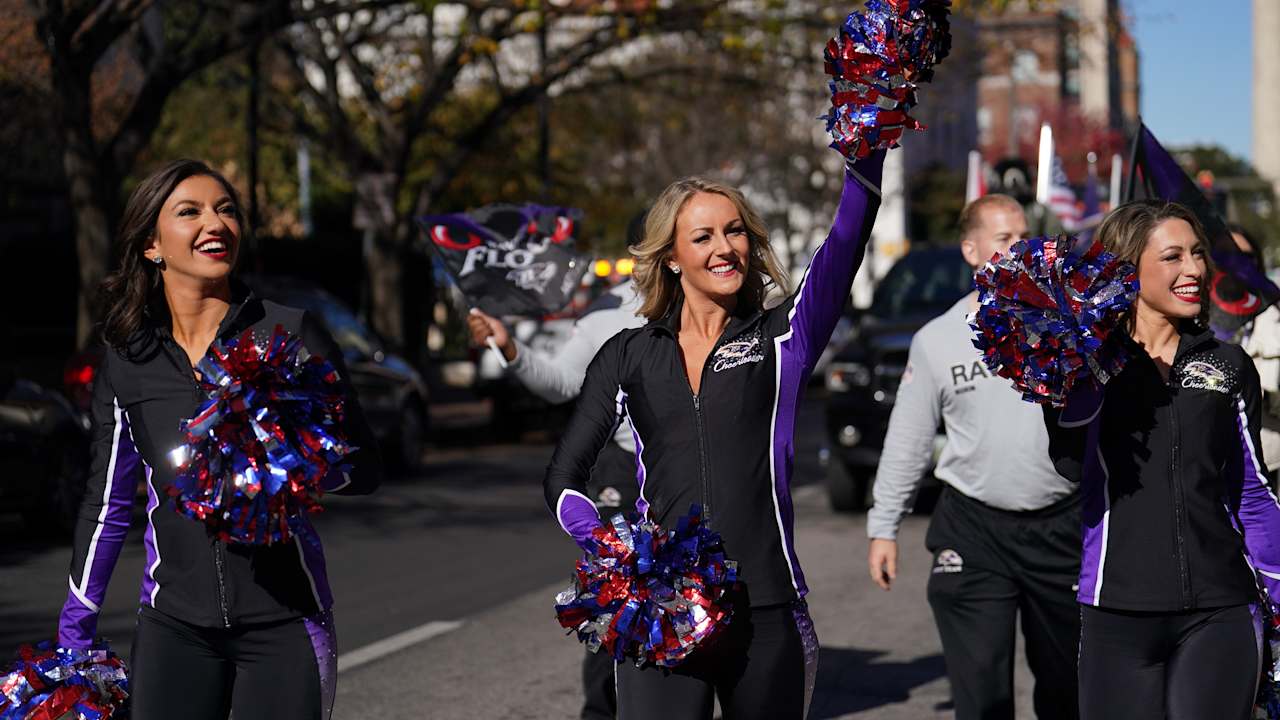 Marching Ravens, Cheerleaders, and Poe in the Mayor's Veterans Day Parade