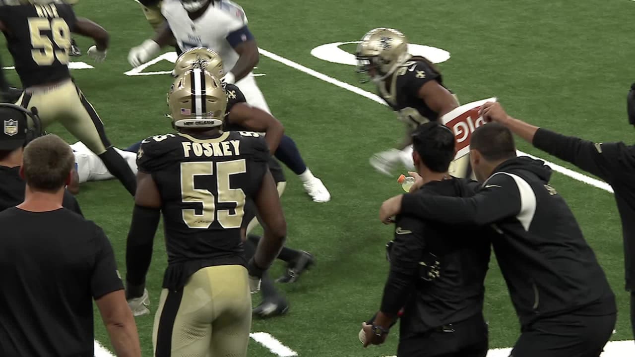 Saints LB Monty Rice forced fumble on Titans RB Jabari Small