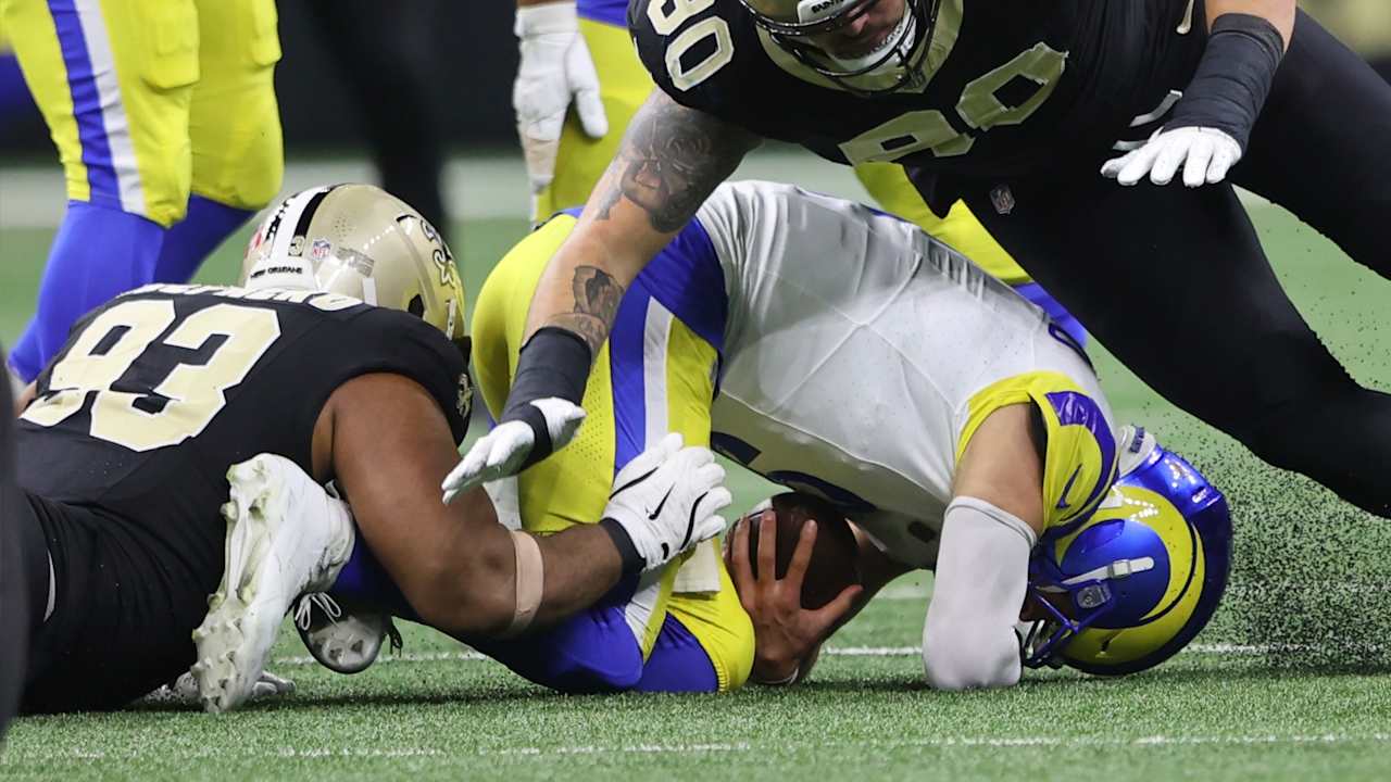 Saints DT Nathan Shepherd battles his way to Stafford sack
